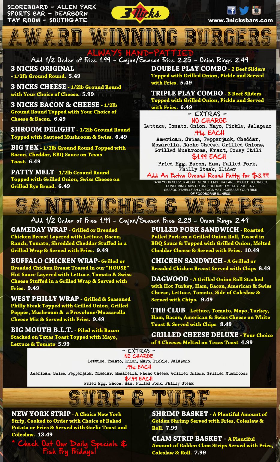 MENUS | 3 Nicks Bars - Scoreboard, Tap Room, Sports Bar 313-563-8349